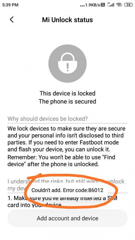 (86012) Error code while adding Mi account under Mi Unlock Status ...